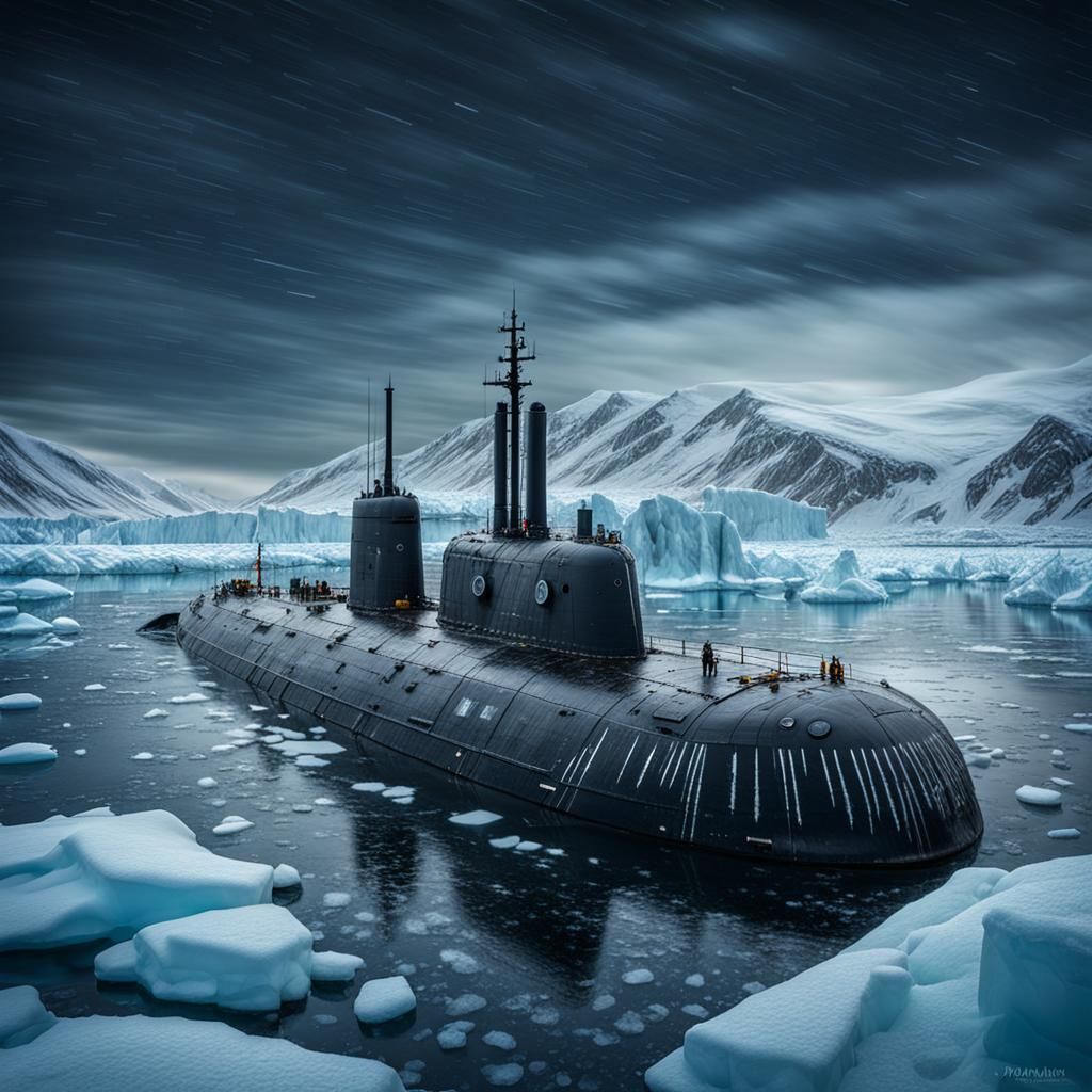 A submarine emerging from the icy water of the Arctic Ocean at midnight, glaciers, ice, snow ...