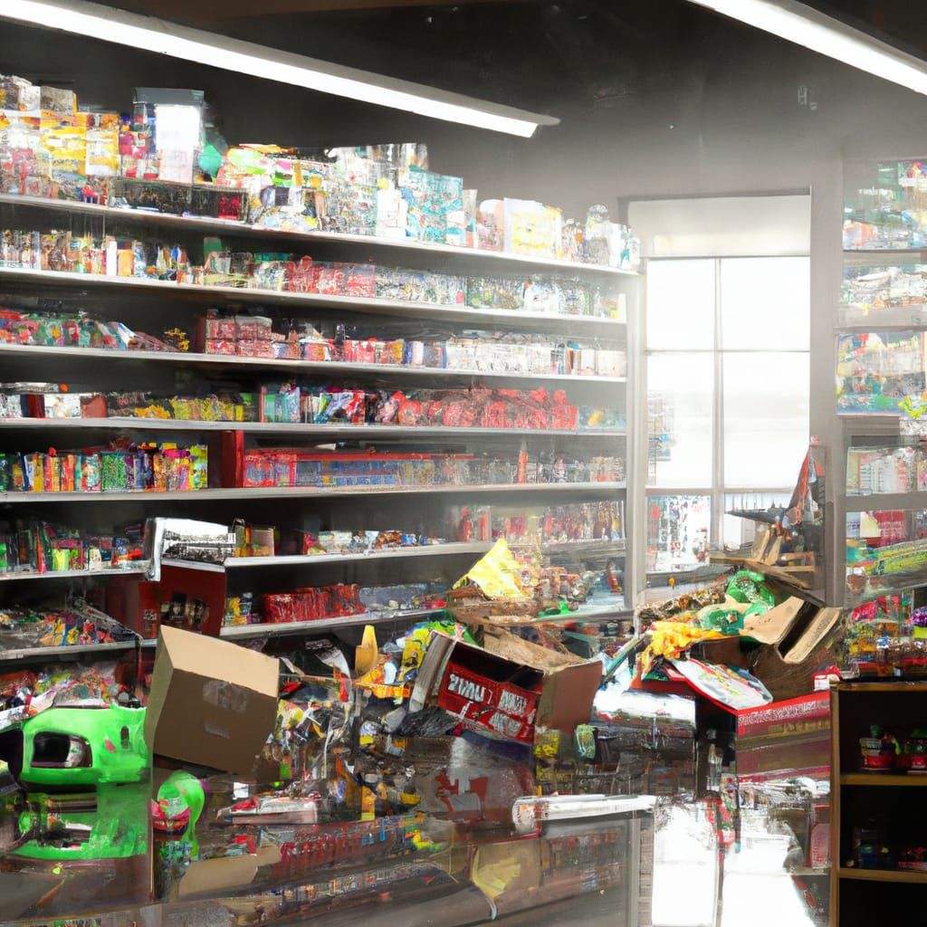 a realistic busy grocery store after being looted with items sprawled ...