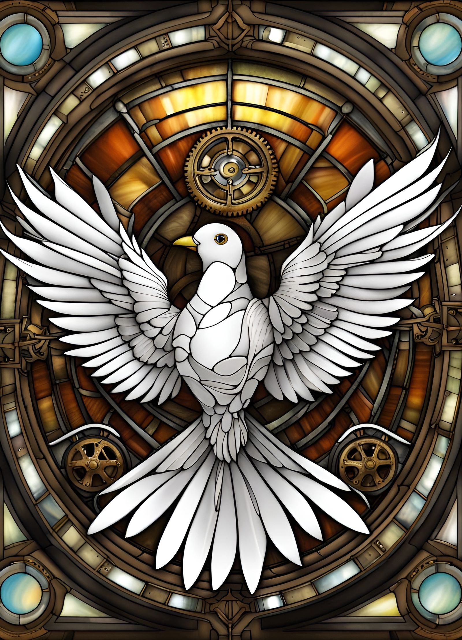 Steampunk, Stained glass, white wings spread dove of peace , solidarity ...