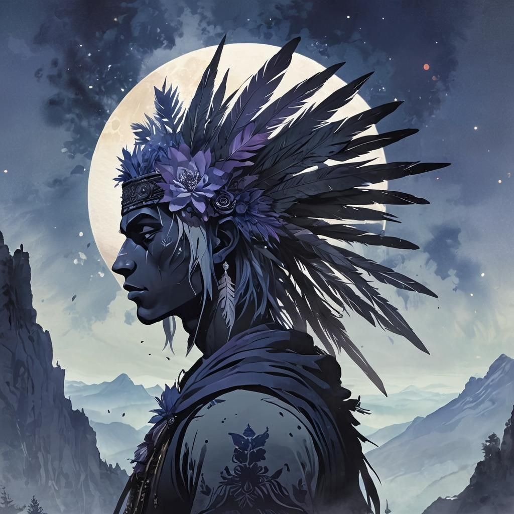 Ink, Watercolour, Male Drow, flower and feathers headdress, misty ...