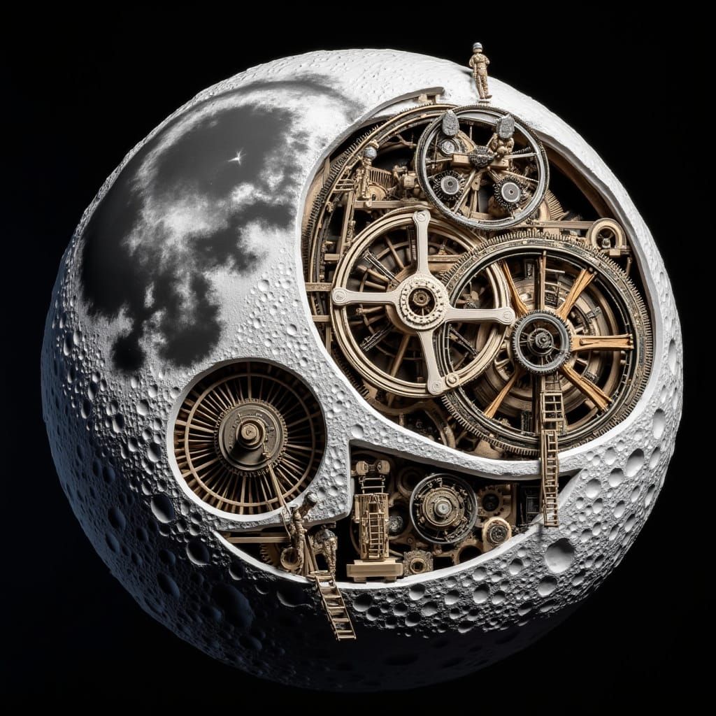 A highly detailed mechanical model of the moon, showing the complex ...