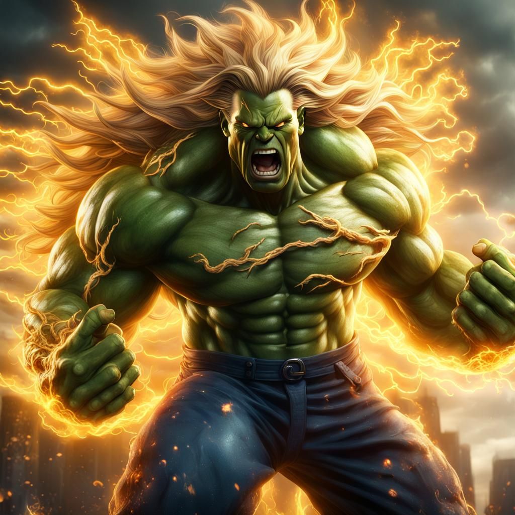 Long, wild-haired version of Incredible Hulk going super Saiyan with ...