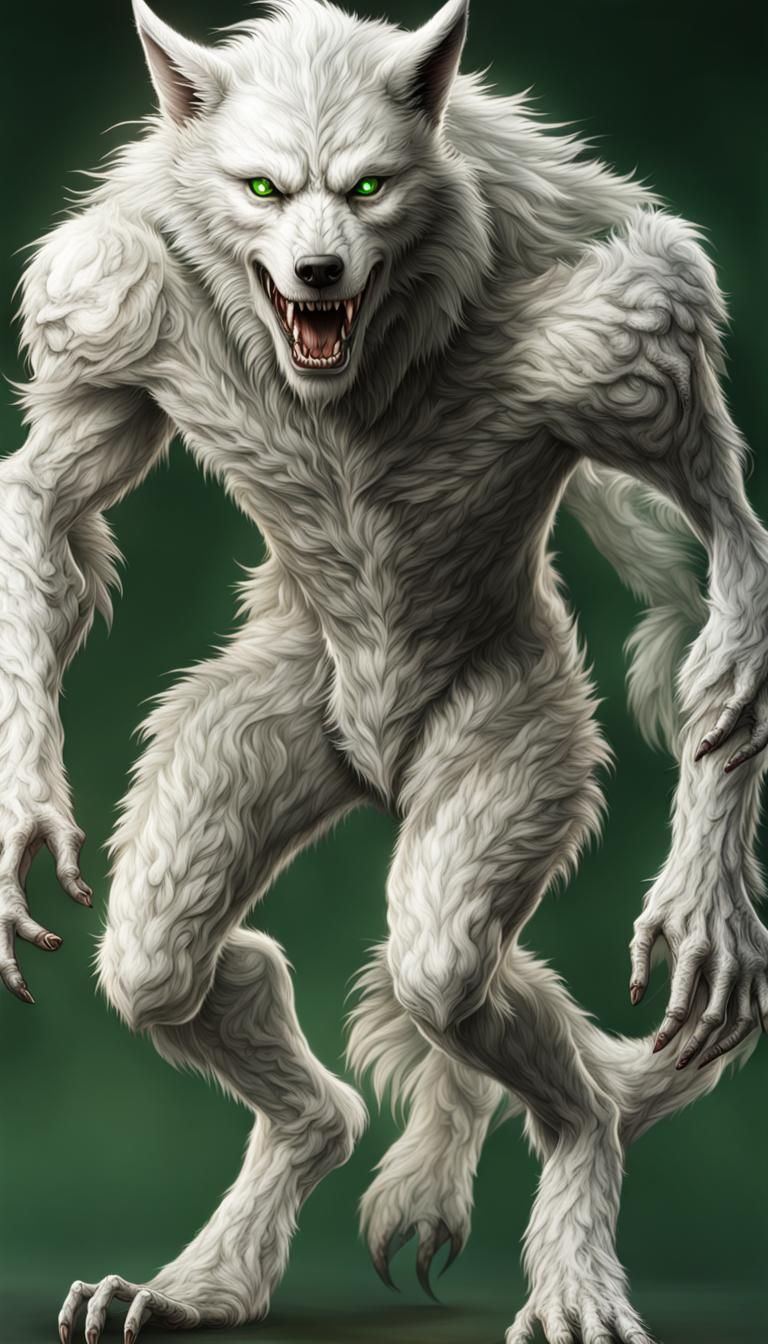a white werewolf, full body, green eyes,, intricately detailed ...