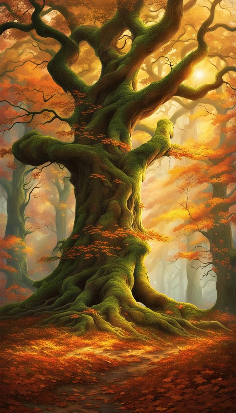 In the heart of an ancient grove, where towering trees stretch their ...