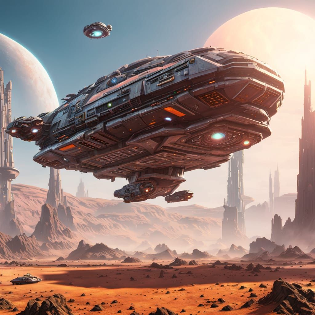 Sci-fi alien spacecraft landing on a giant robotic infested planet. Big ...