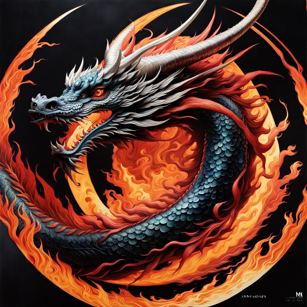 Japanese fire dragon in a fire flames circle - AI Generated Artwork ...