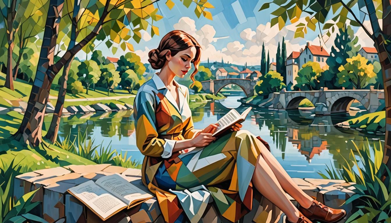 Girl reading a book by the river - AI Generated Artwork - NightCafe Creator