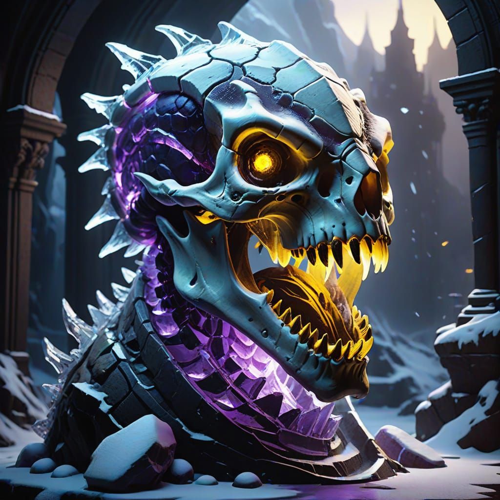 Glowing Elemental Raptor Skull Ice Sculpture in My... - AI Art
