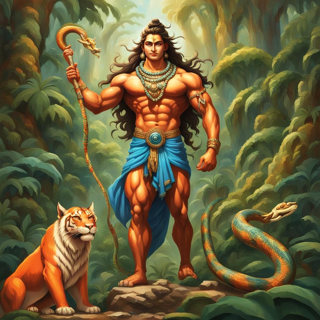 "A full body photo of a young lord Shiva in a jungle, posing with ...