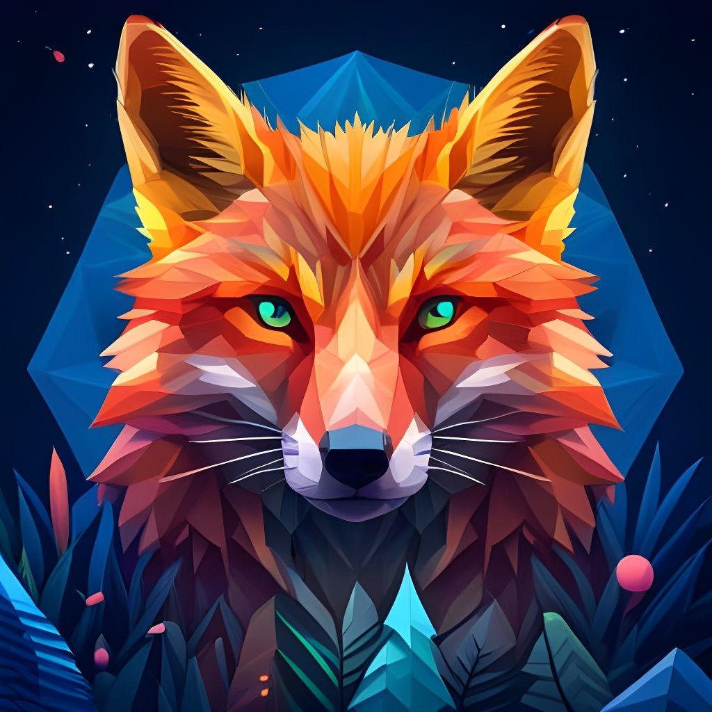 a fox made of complex geometric shapes howling at the moon. COLORFUL ...