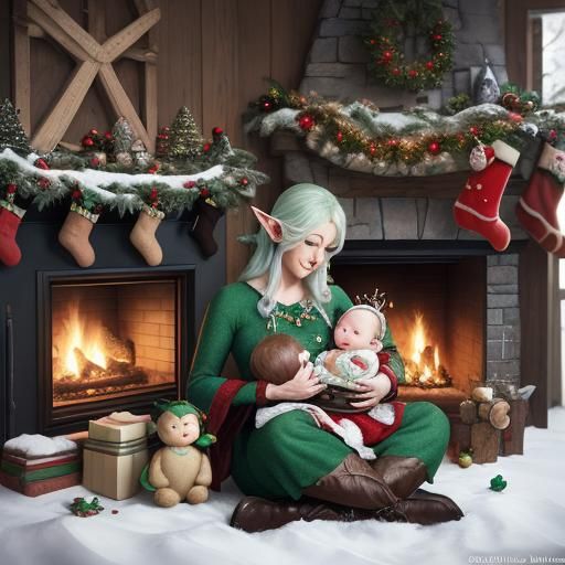 "Chibified adorable shimmering mother elf holding a sweet baby sleeping ...
