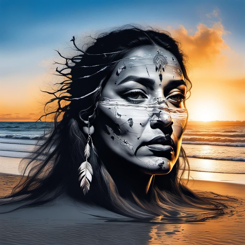 pareidolia, transparant shadow native american girl face on double ...