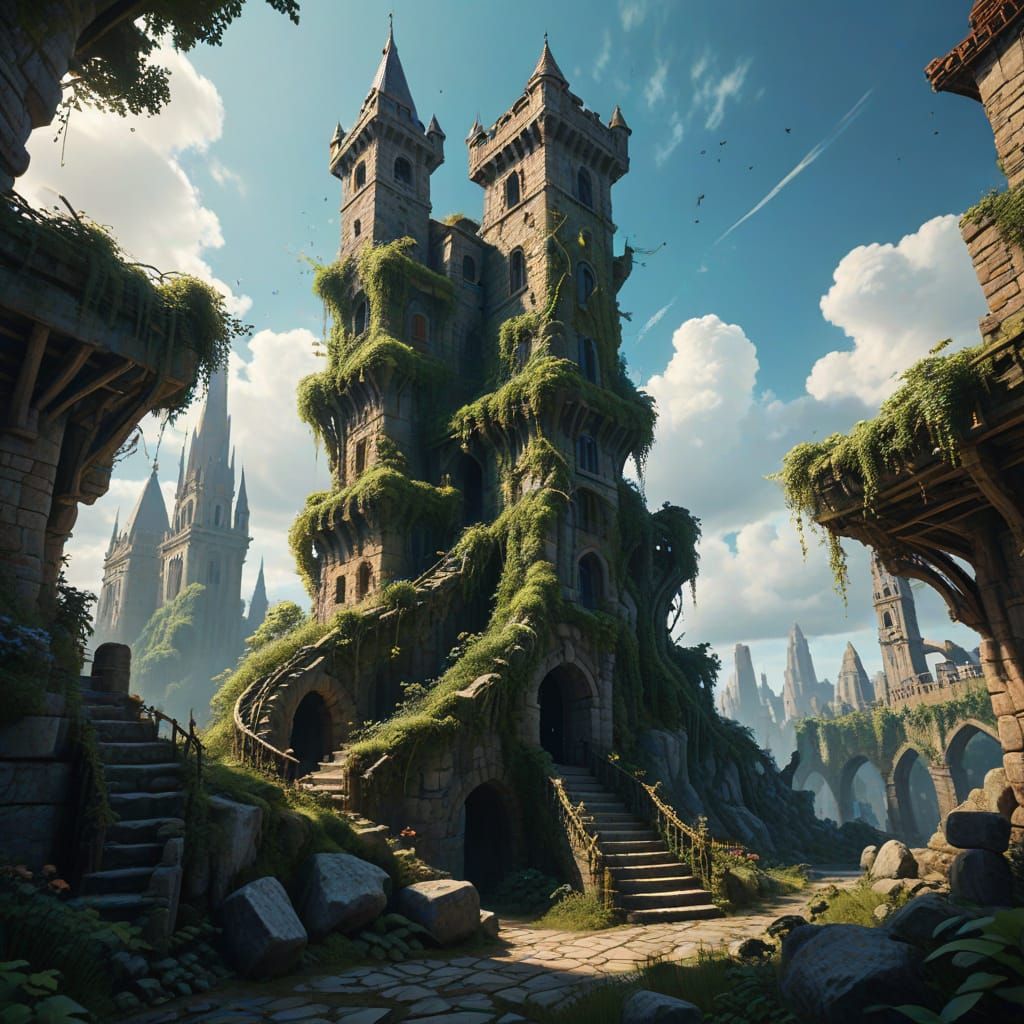 Twisted Tower Rises High in Whimsical Urban Fantas... - AI Art