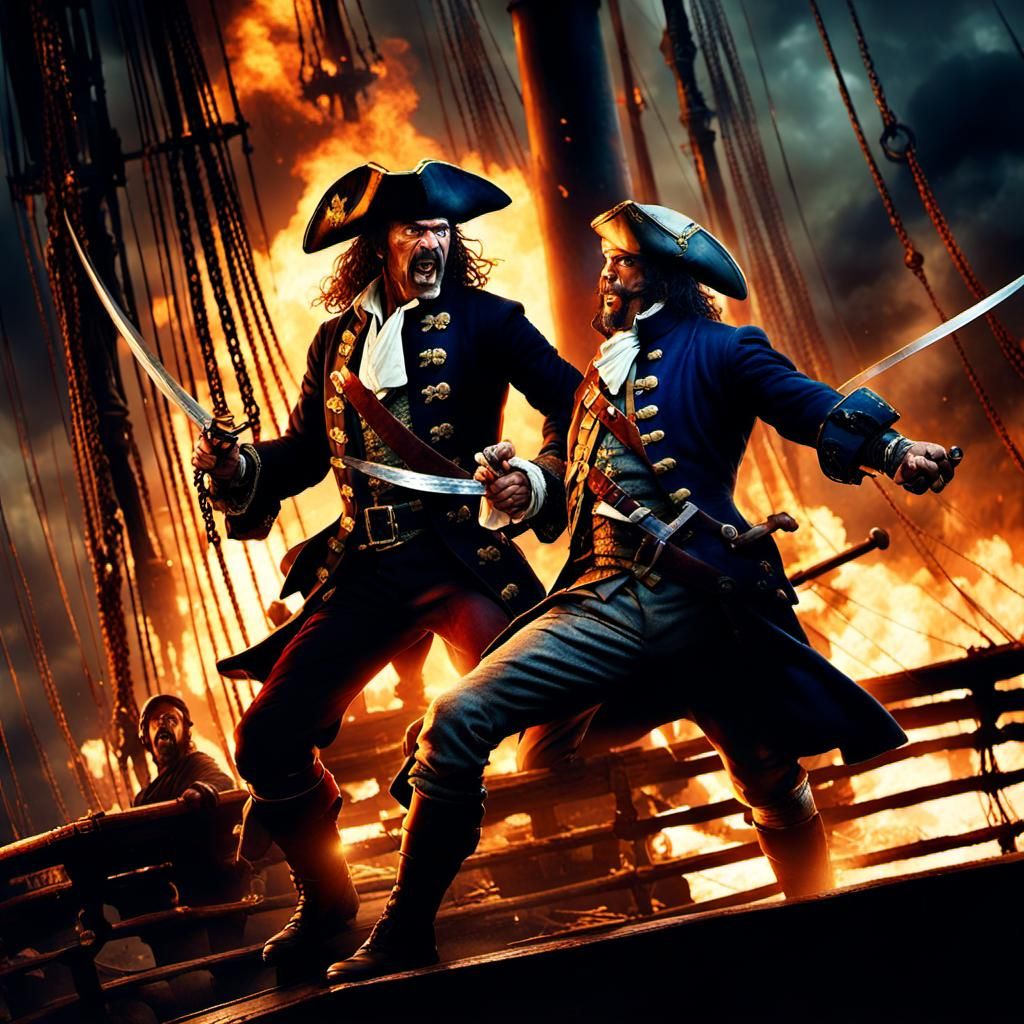 Action packed scene of a pirate captain sword fighting with an 18th ...