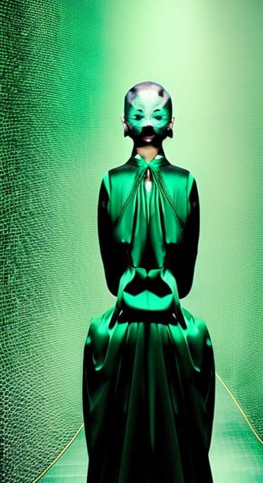 Teal scaled bald alien woman robed from head to toe gazing straight at ...