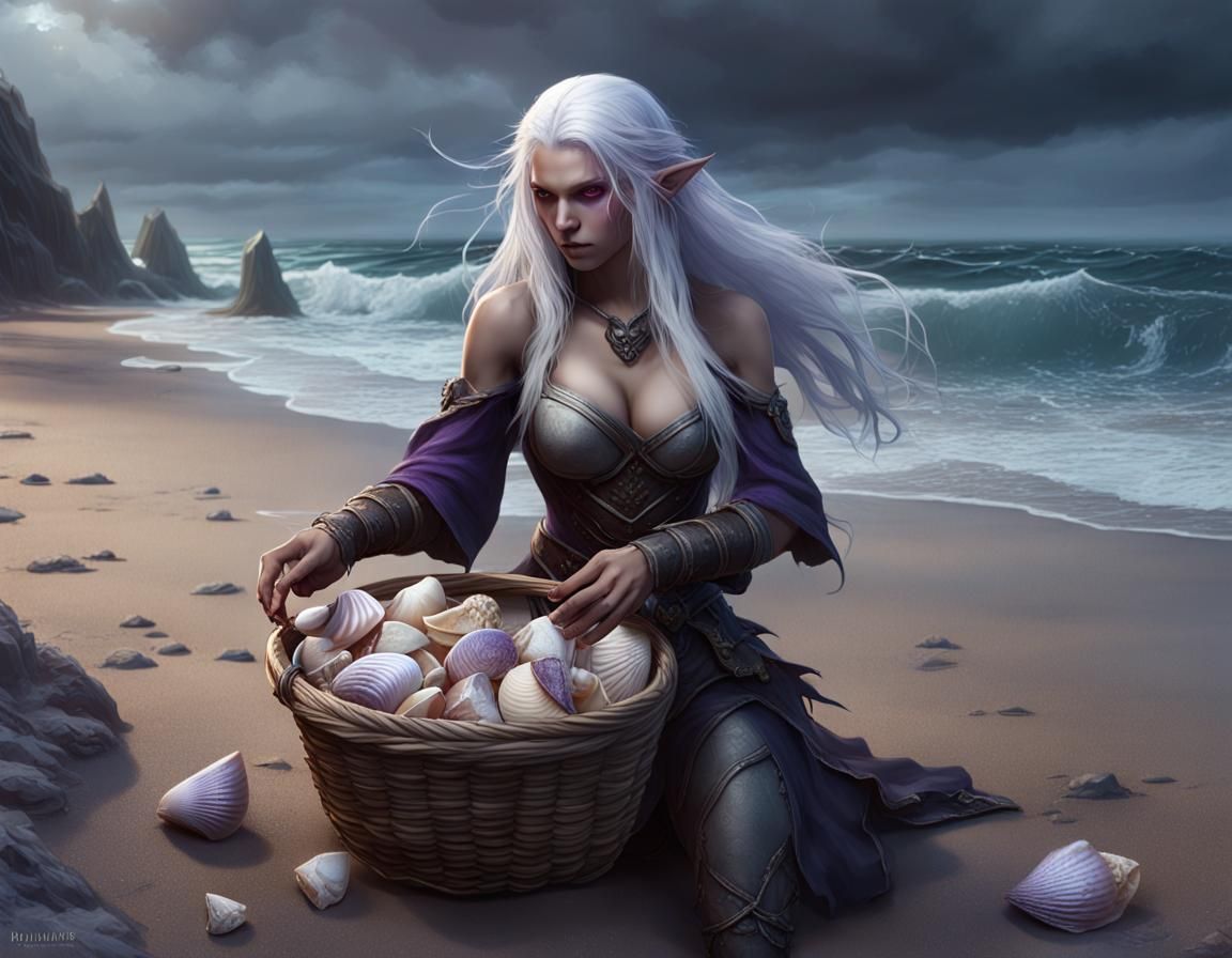 Dark elf girl picking seashells - AI Generated Artwork - NightCafe Creator