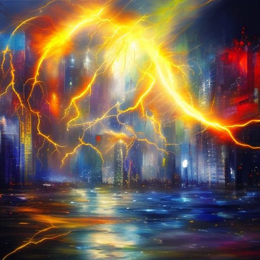 abstract city landscape, lightning, a photorealistic painting by Mark ...