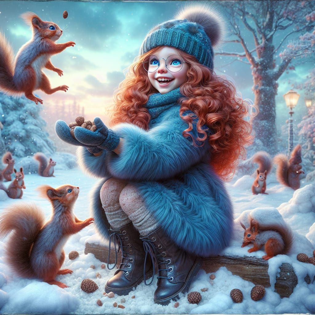 hyperrealistic ultra detailed 3D 24K whimsical 7-year-old girl with long red curly hair,