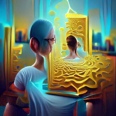 a painting of a person standing in front of a mirror, an ultrafine ...