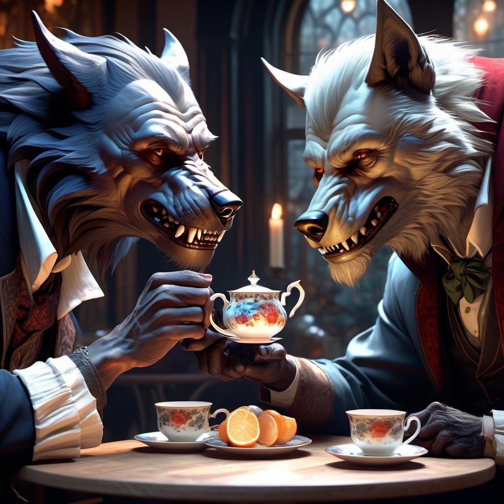 Vampire and werewolf having tea together by Lavinia Fontana head and ...