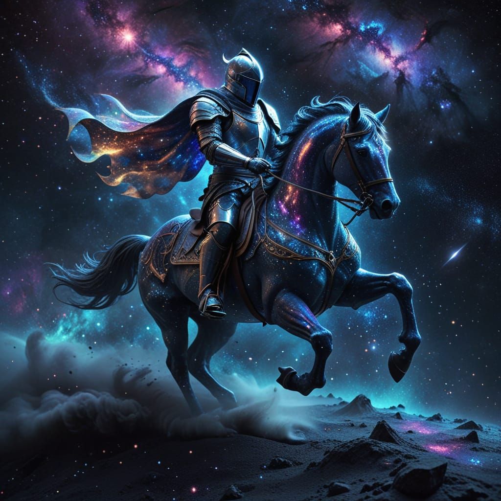 Imagine a celestial knight clad in shimmering stardust armor, riding a ...