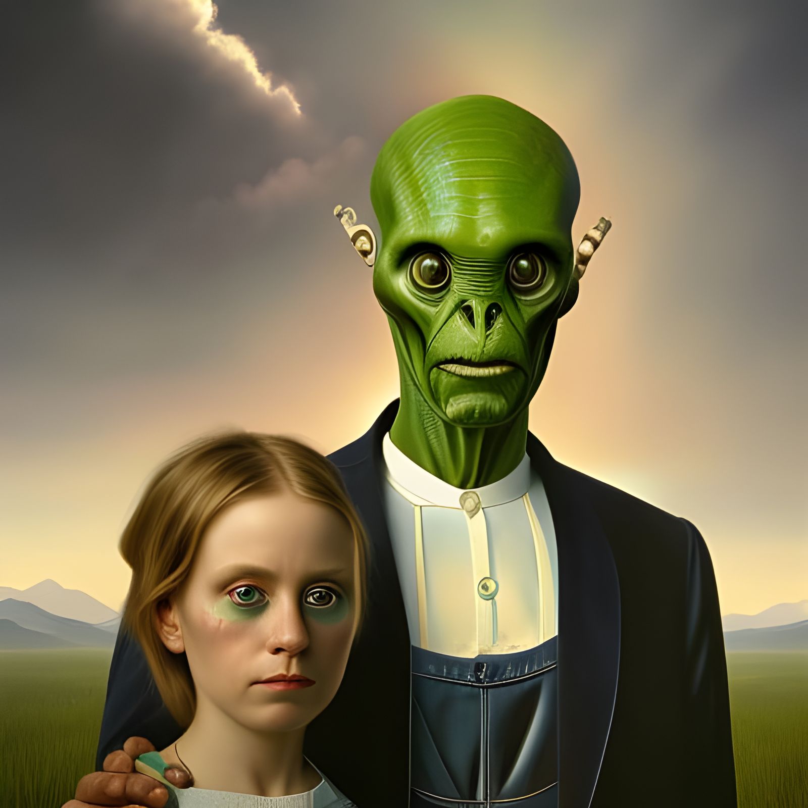 Alien family photo, american gothic alien, highly detailed, green skin ...
