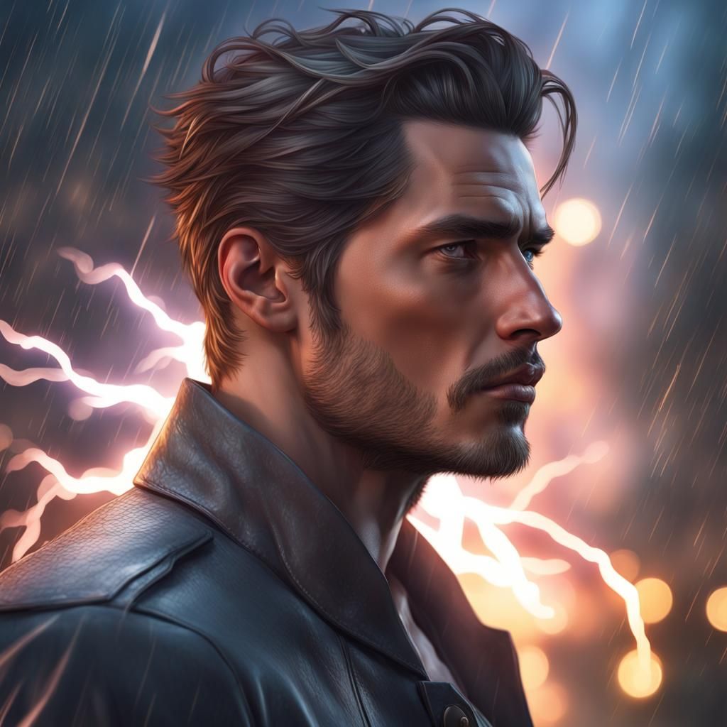 handsome dramatic man looking over his shoulder in a lightning storm ...