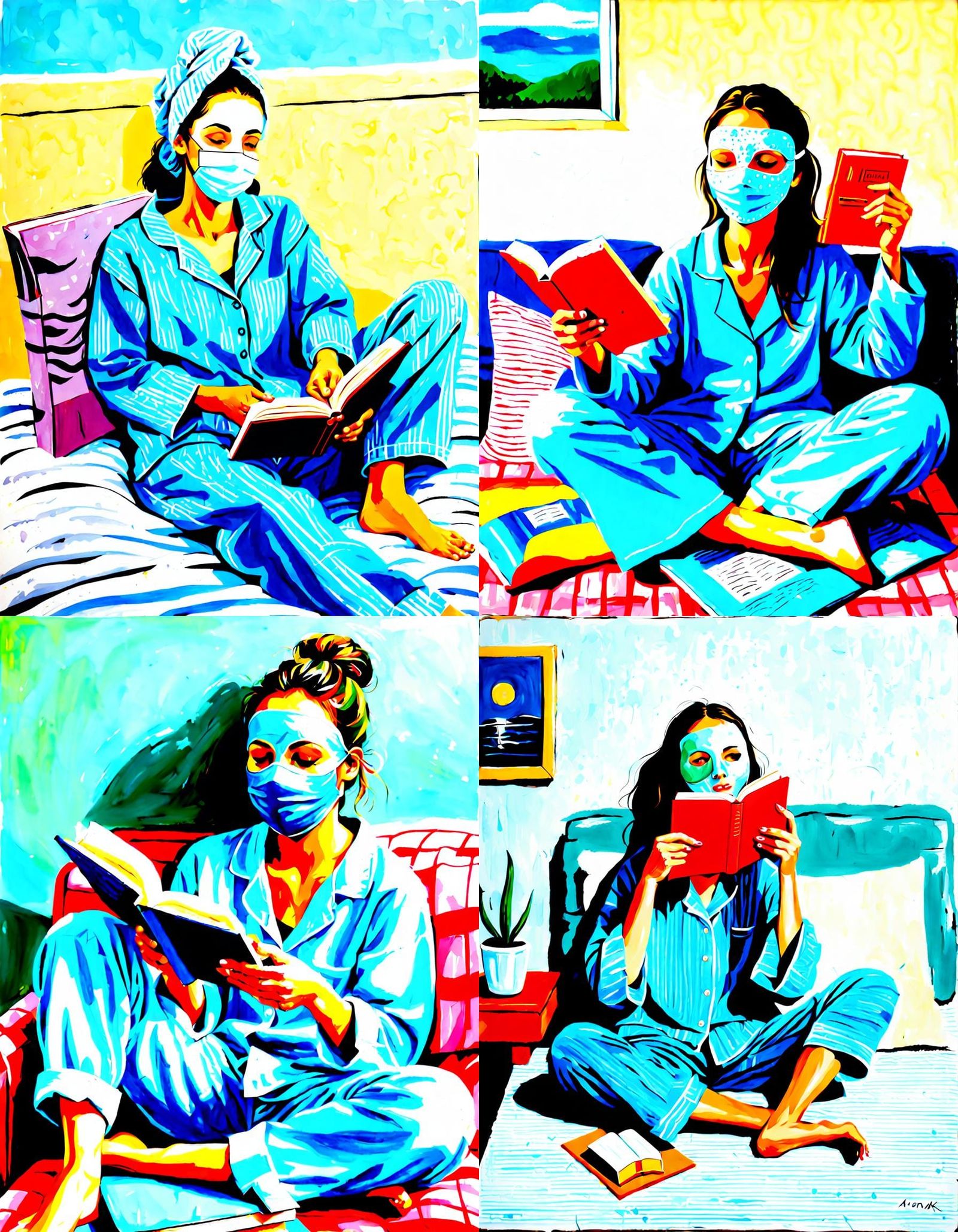 cute woman in her pyjamas , chilling out and relaxing with a mud mask ...