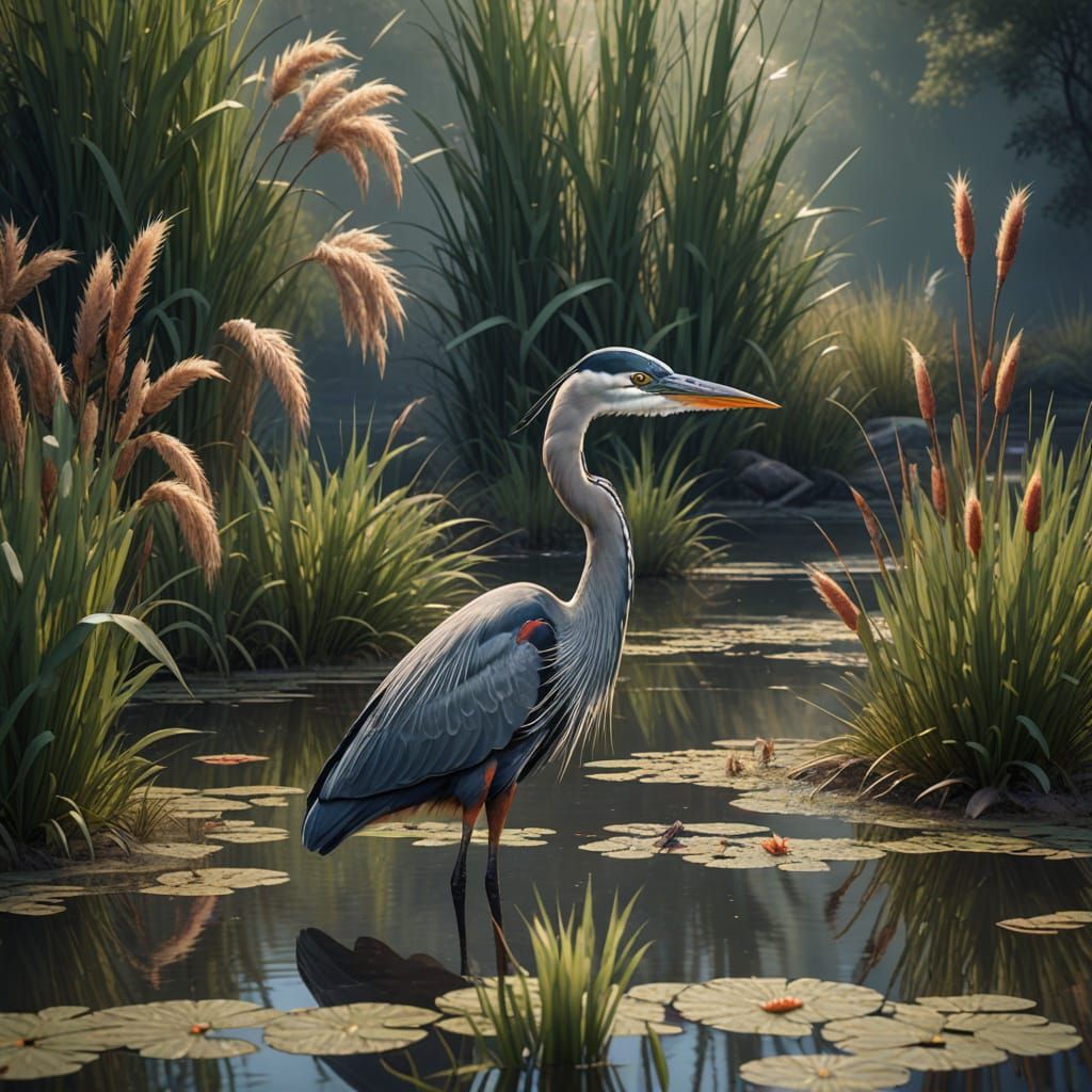 Great Blue Heron in Enchanted Pond with Cattails - AI Art