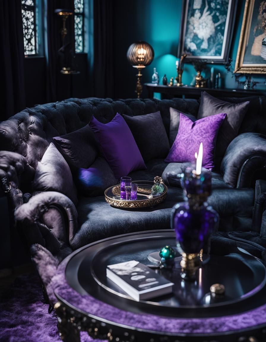 Cozy Gothic living room with a modern edge and purple walls Emerald ...