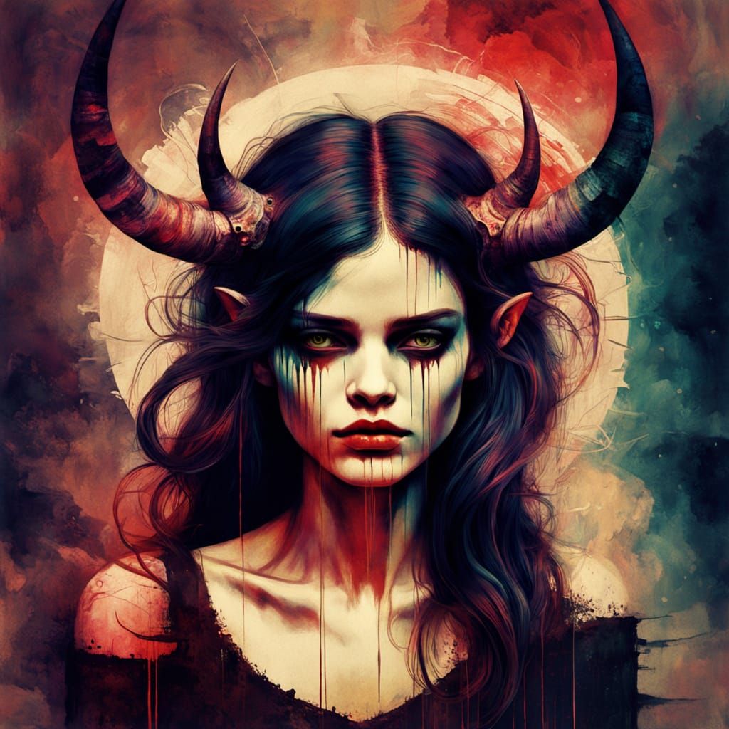 A woman with demon horns tropical water she is made of water depression ...