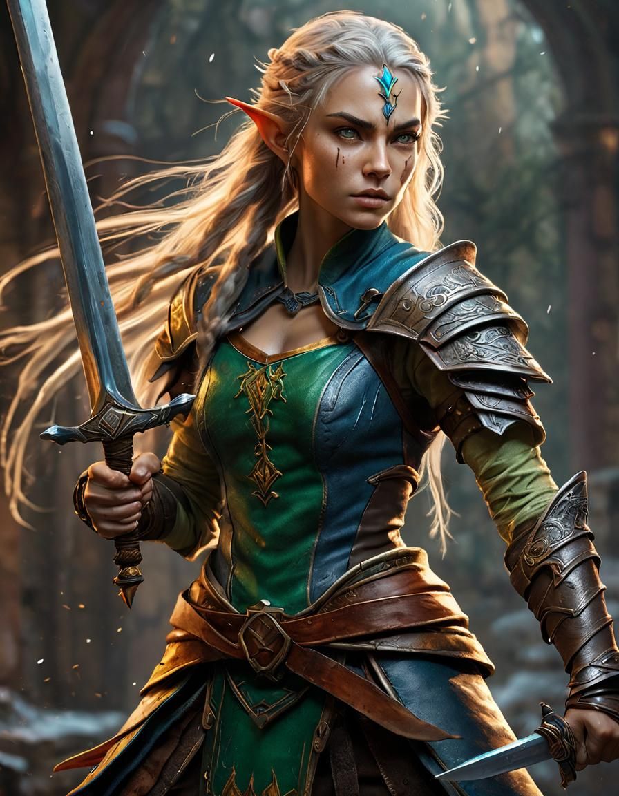 Surreal Elf Warrior Princess in Epic Fighting Stan... - AI Art