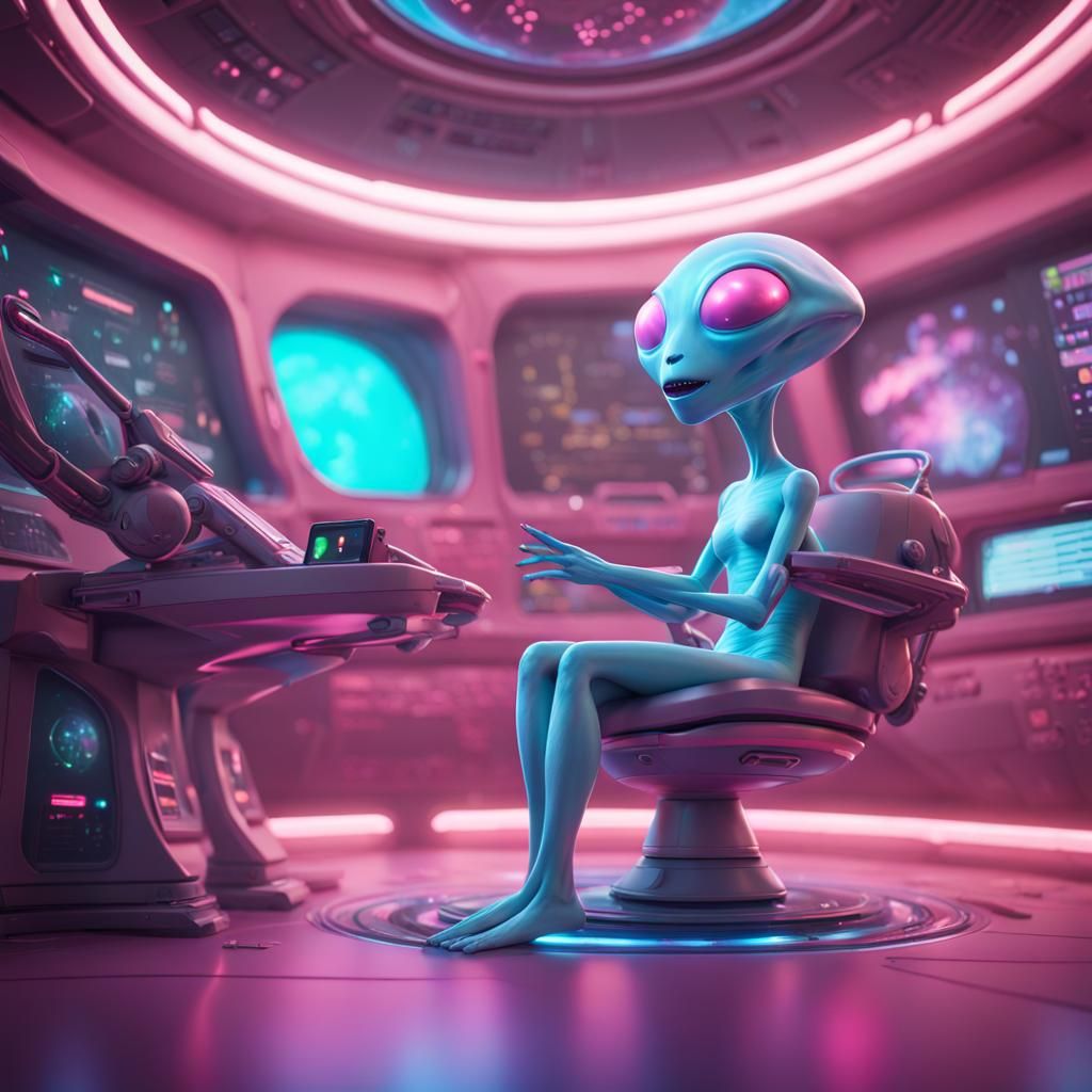 pale blue and pink alien sitting at the control counsel of its space ...