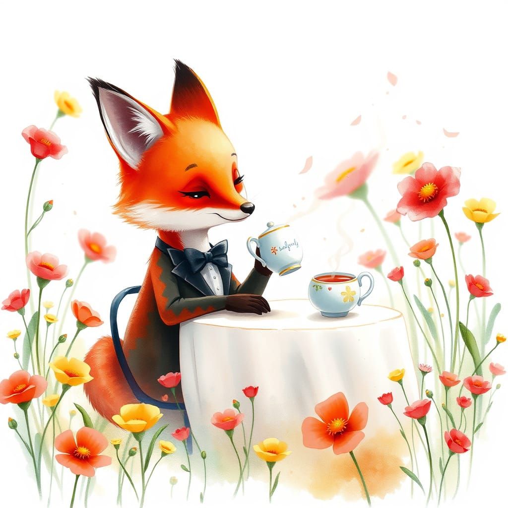 Fox in Tuxedo Sipping Tea: Whimsical Illustration - AI Art