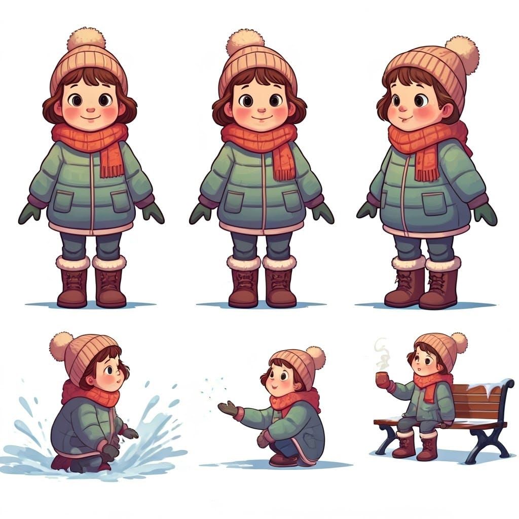 full character sheet of a 3-year-old adorable girl with chubby cheeks ...