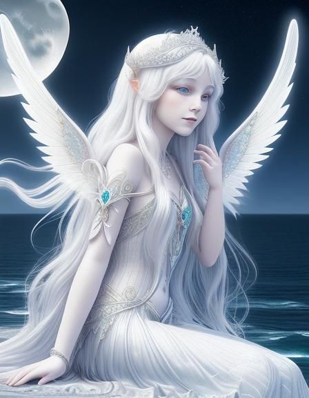 beautiful moon fairy in Botticelli style, long white hair, luminous ...