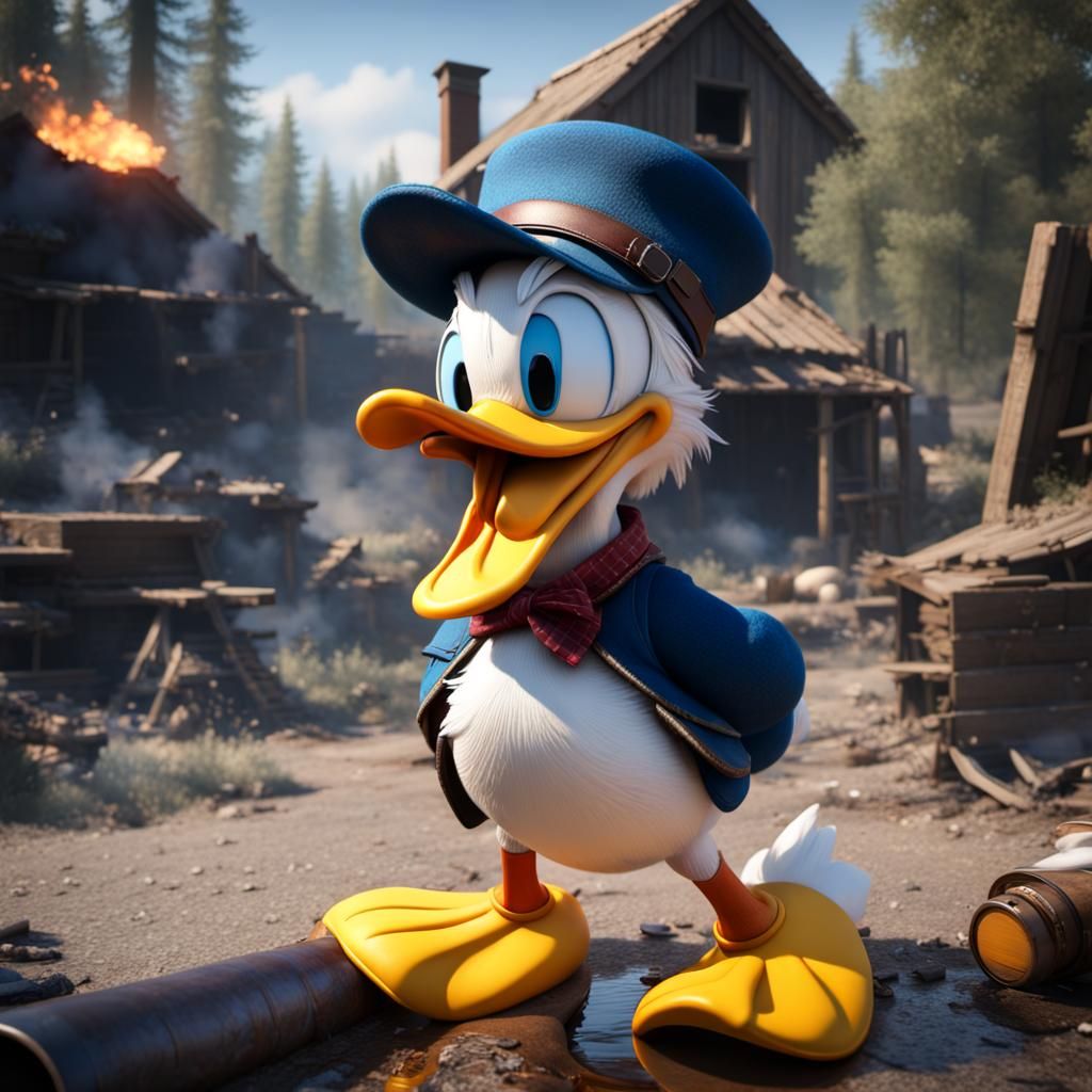 Donald duck pointing muzzle loader shot gun with burning fuse and black ...