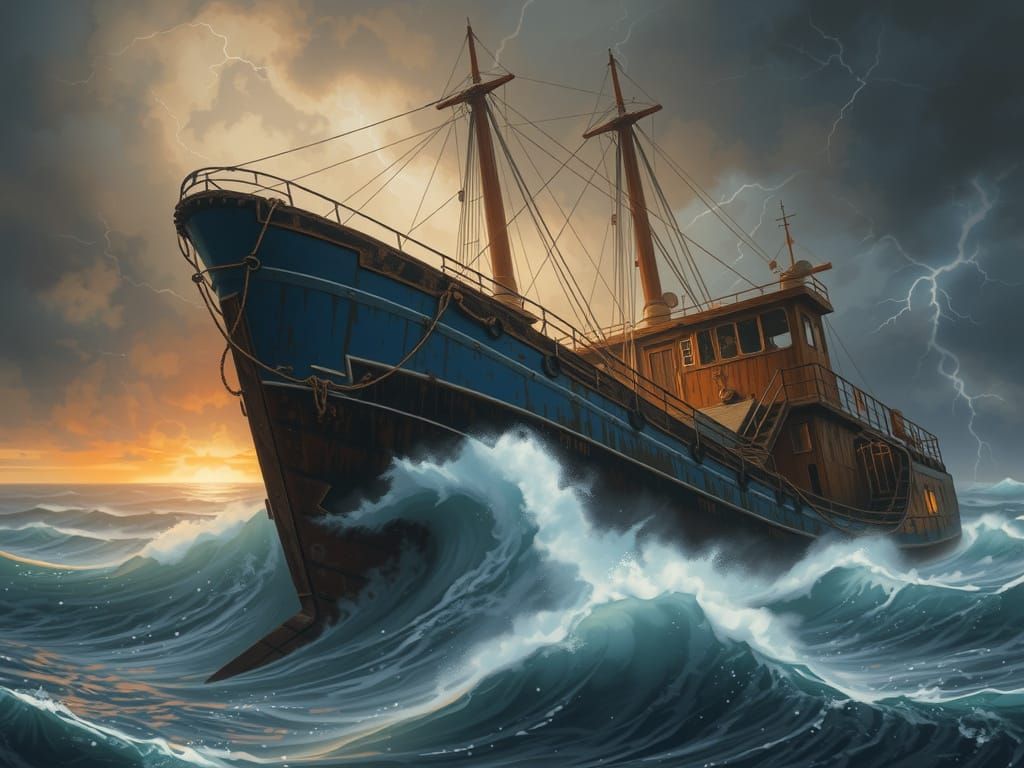 The Sea - Gothic Trawler Tossed by Tsunami in Turbulent Sea