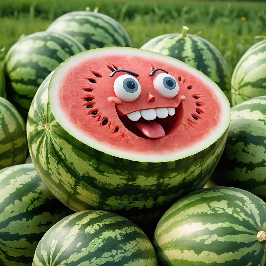 Angry Watermelon Portrait in Fresh Green and Vibra... - AI Art