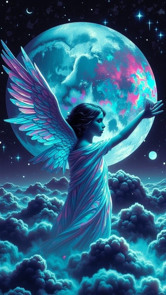 Hologram of neon toddler translucent angel in the starry sky, in the ...