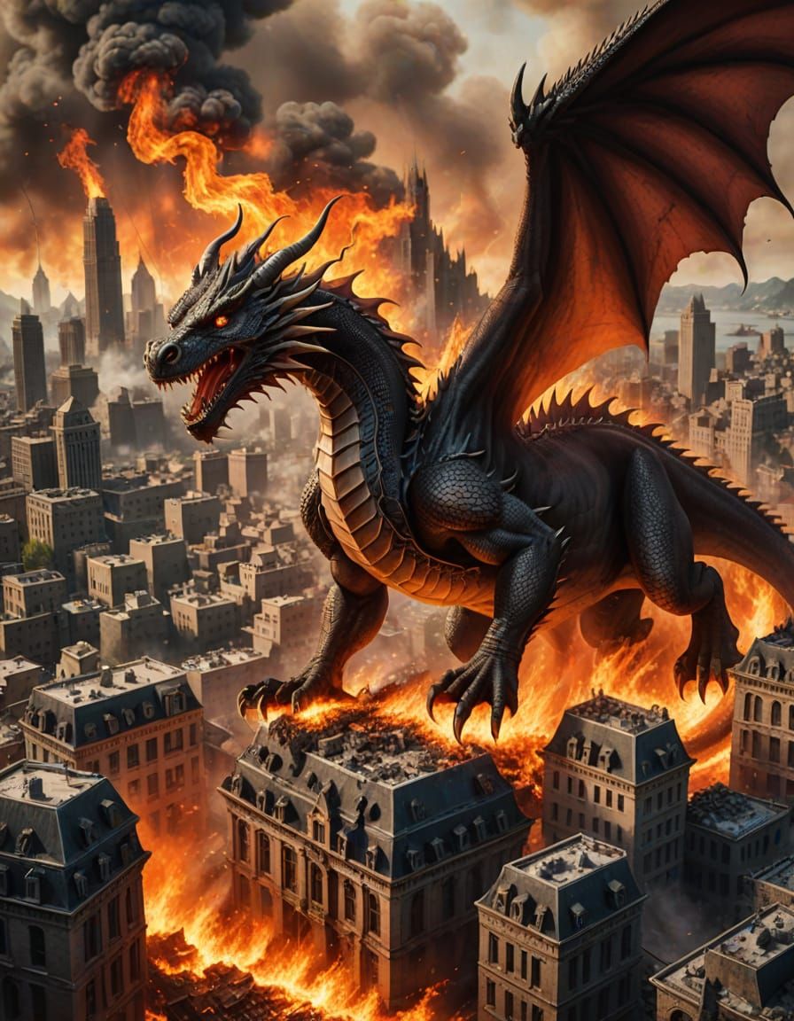 dragon destroying a city with burning background