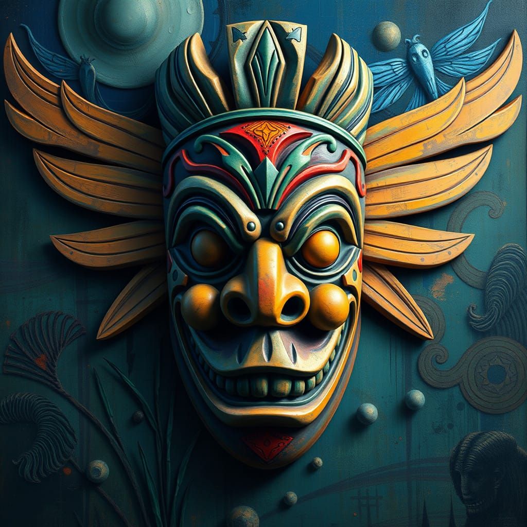 Surrealist Masterpiece: Tiki Mask Fusion - AI Art