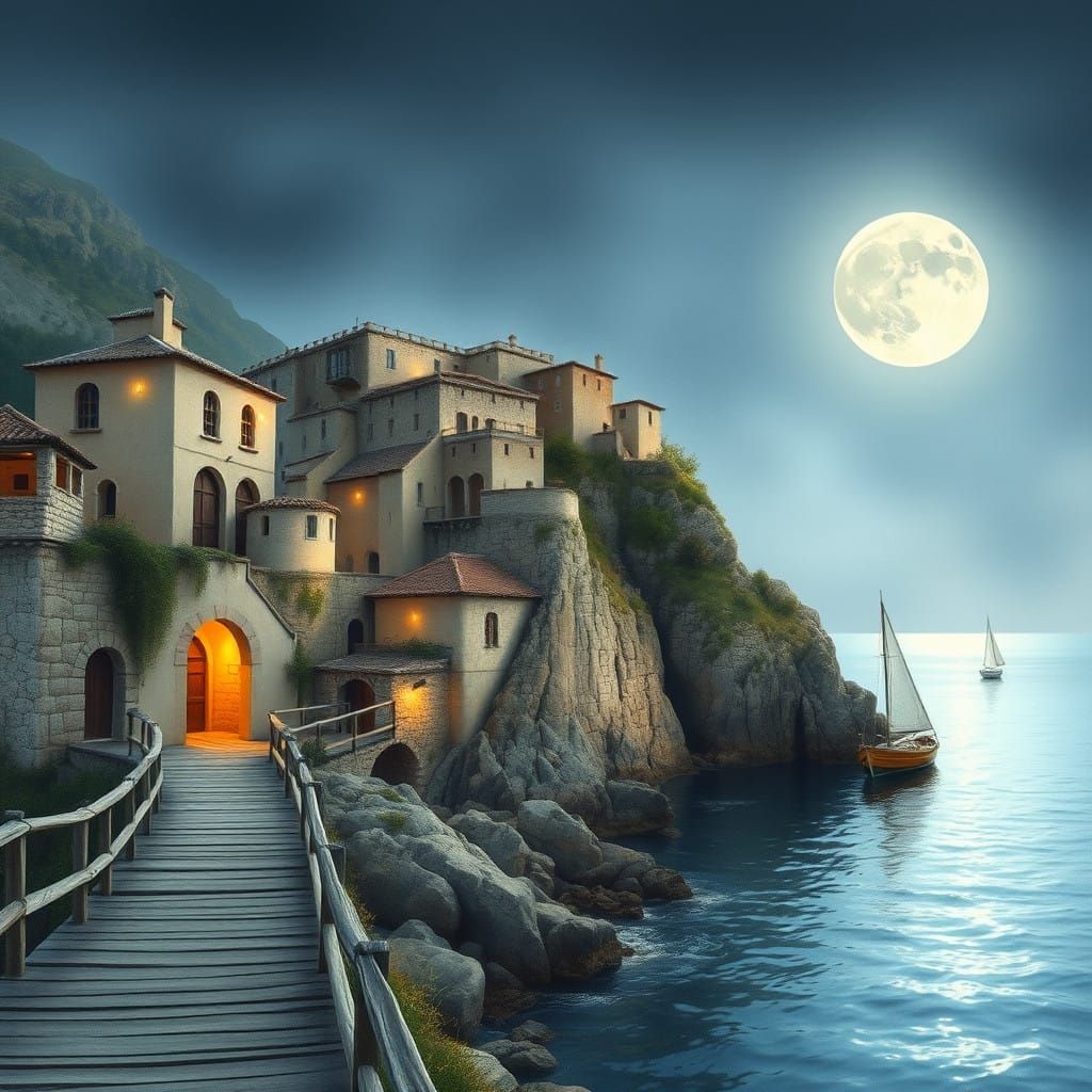 Moonlit Coastal Paradise in Gentle Light - AI Art