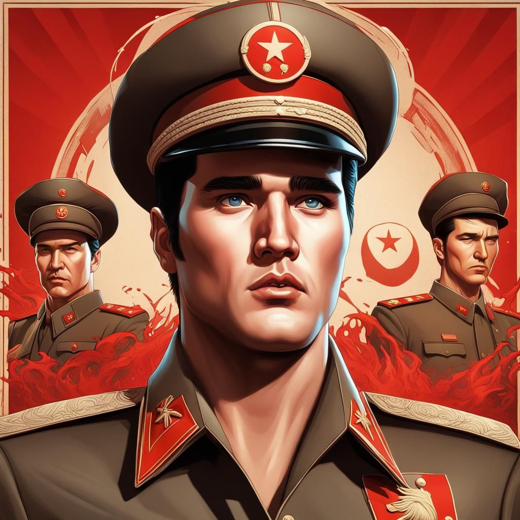 communist proganda poster with Elvis presley in uniform head and ...