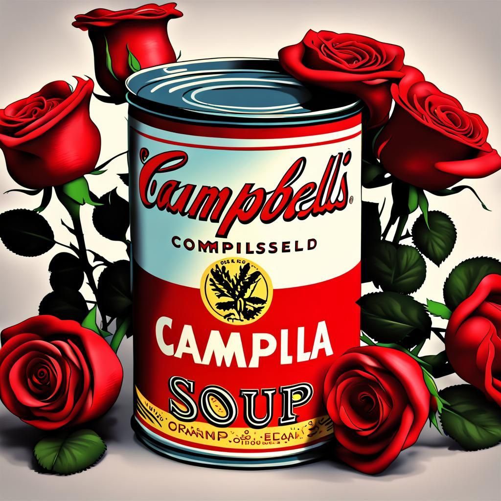 Rusty old Campbells soup can holding vibrant red roses, vintage ...