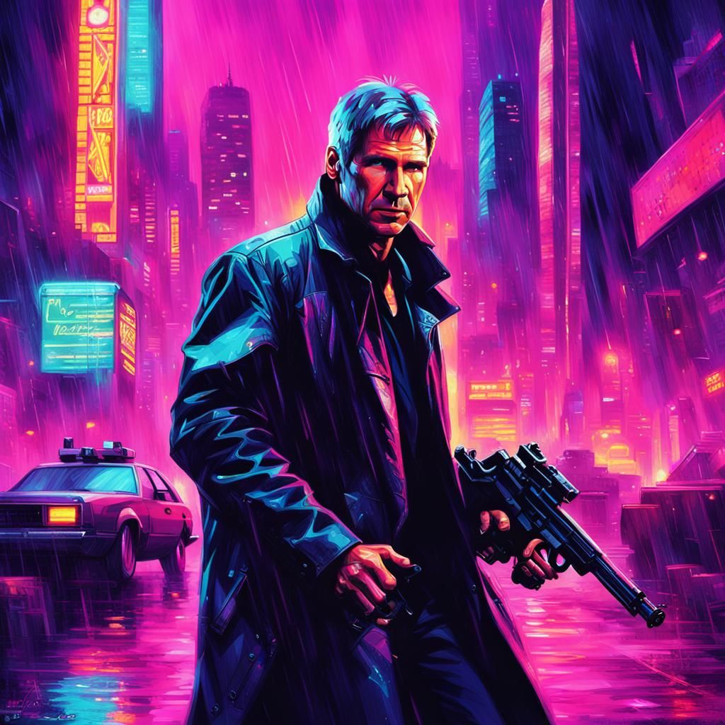 Harrison ford as Blade Runner with a gun shooting in a raining city ...