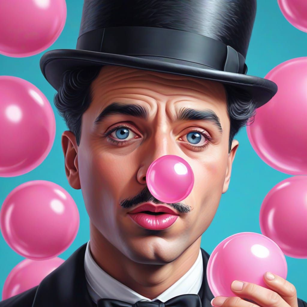 Pop art portrait of Charlie Chaplin blowing a pink bubble gum bubble ...