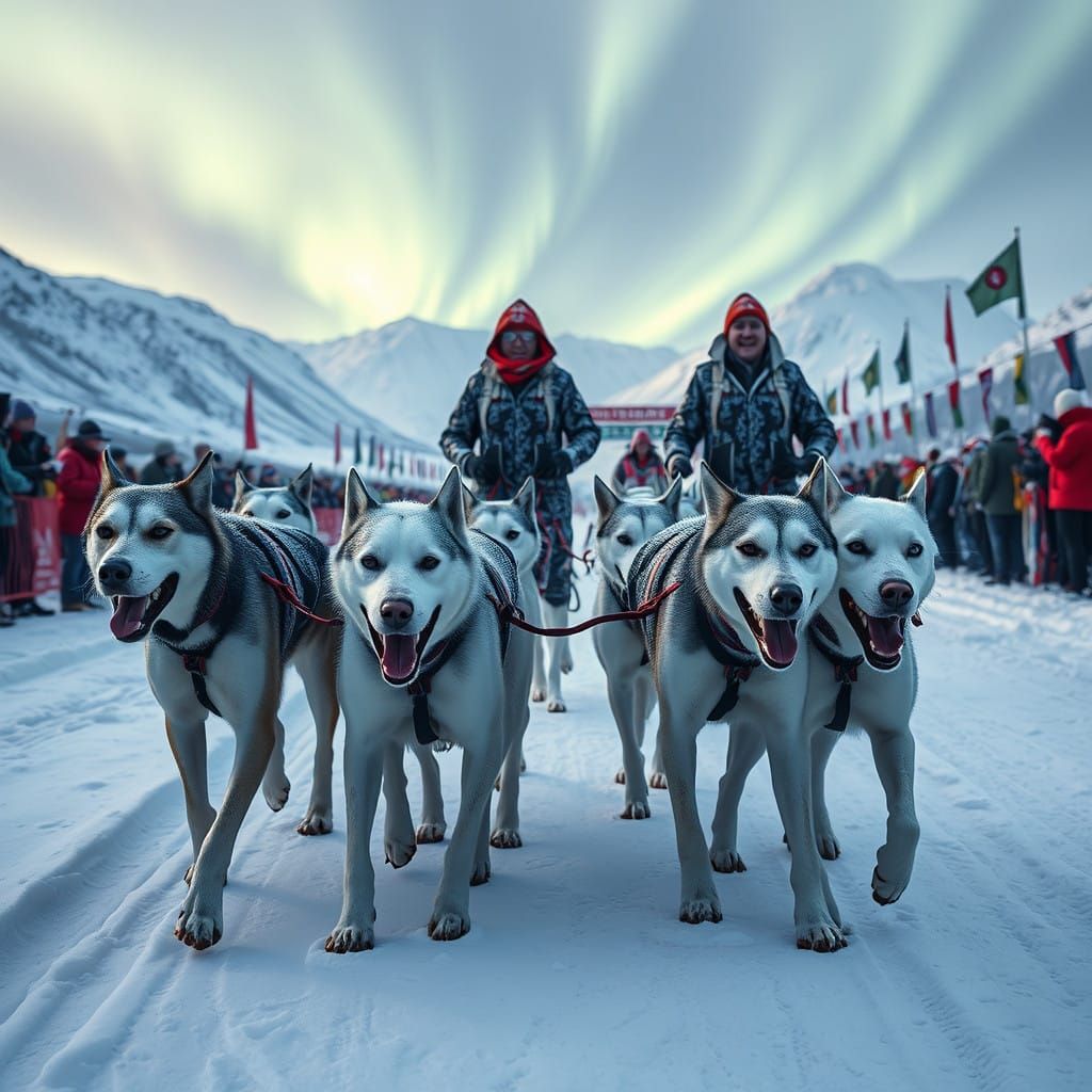 Alaska, Iditarod Trail Sled Dog Race, two teams side by side at finish ...