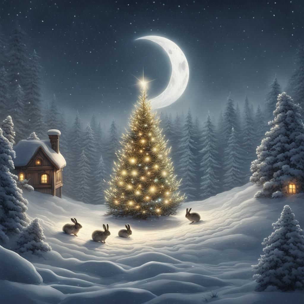 Fir tree labyrint. Filled with string lights. Rabbits hopping in the ...