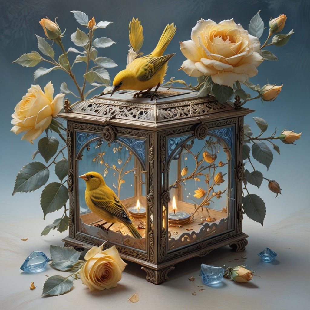 The Music Box Canary #2 - Ethereal Tempera Music Box Scene w...